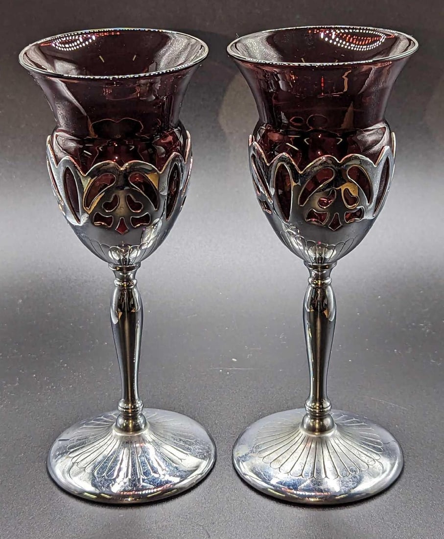2 Vintage Farber Bros Amethyst Chrome Wine Glasses C Jb