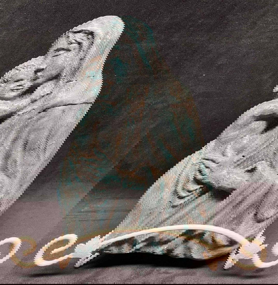 Carved Religious Pottery Sculpture & Stand Virgin Mary & Baby Jesus Auction