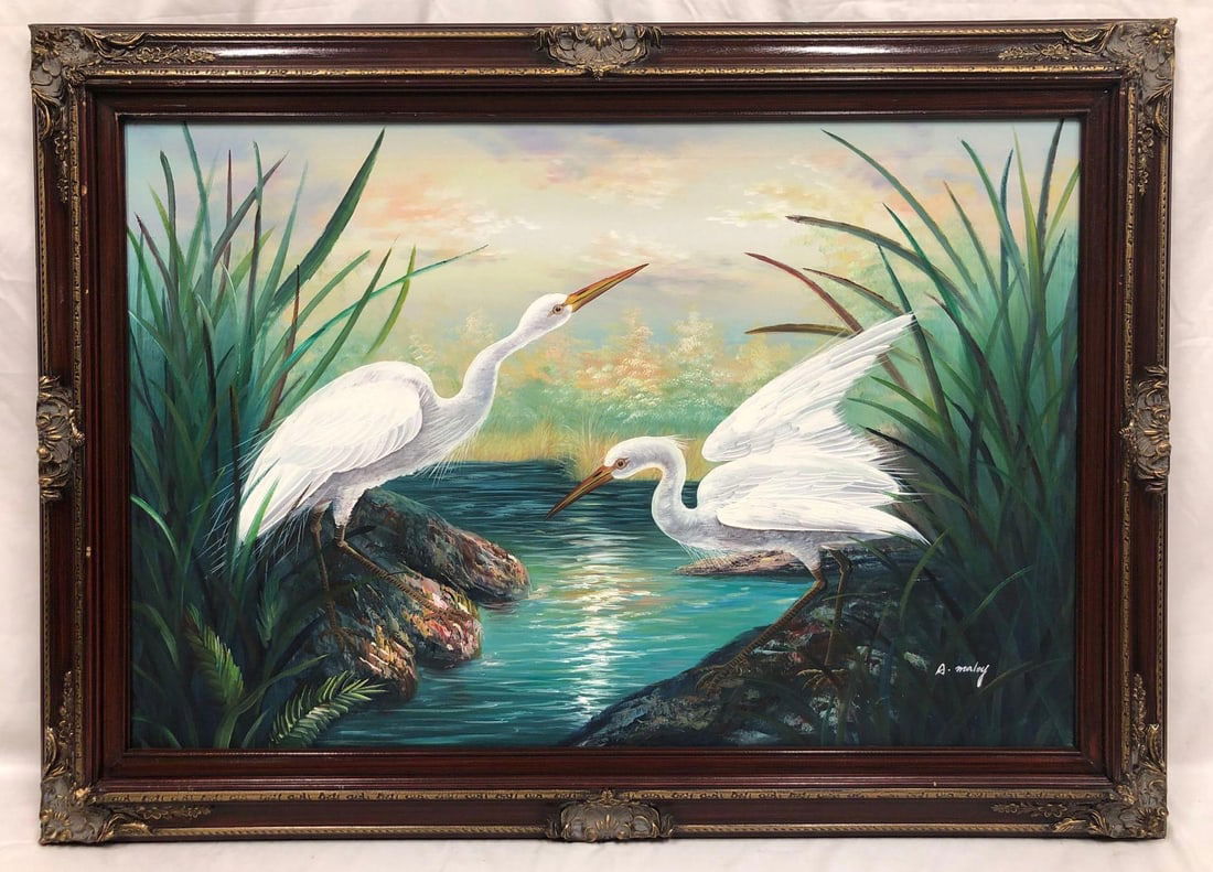 Florida Artist A. Maley Cranes Oil On Canvas H28 Auction