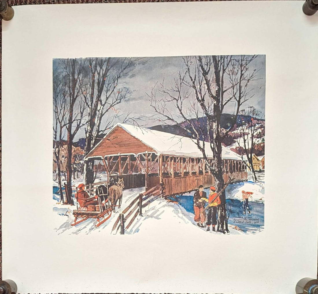 Offset Lithograph After H. Gilbert Foote Covered Bridge Auction