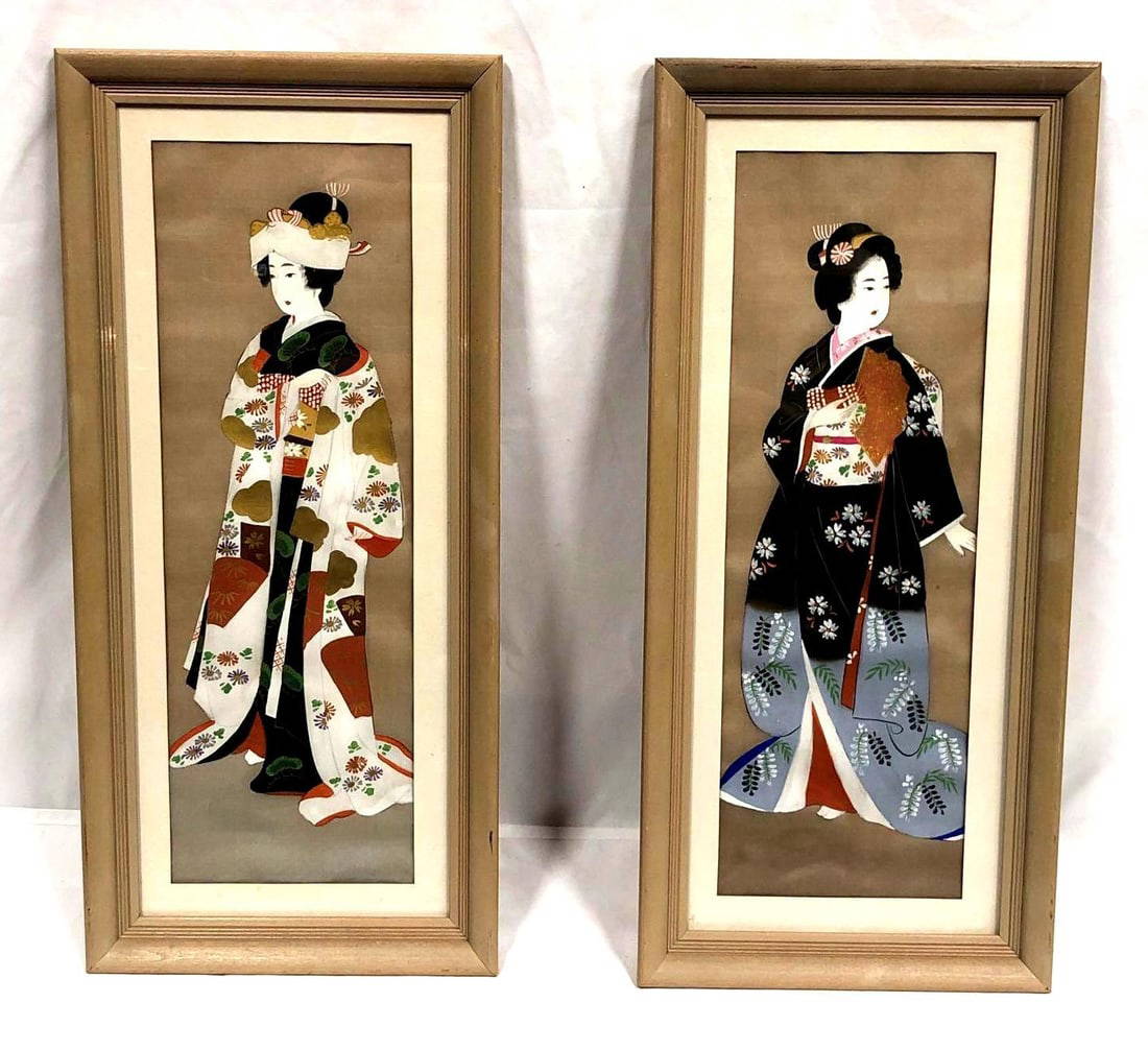 Pair Of Japanese Geisha Painted On Silk & Framed Auction