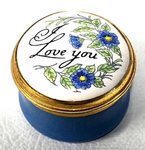 Crummles Made In England "i Love You" With Blue Flowers Enamel Trinket Pill Box