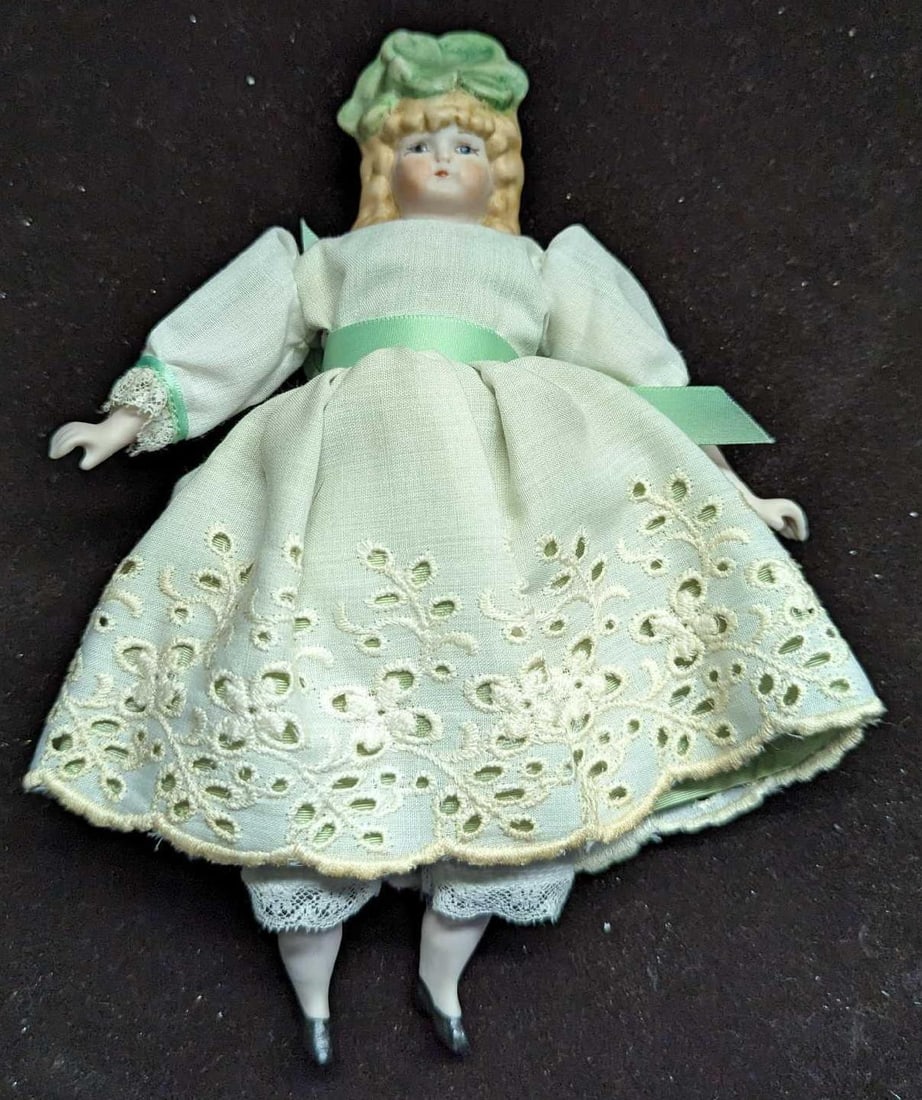 Vintage Porcelain Bisque Head Girl Green Dress Doll