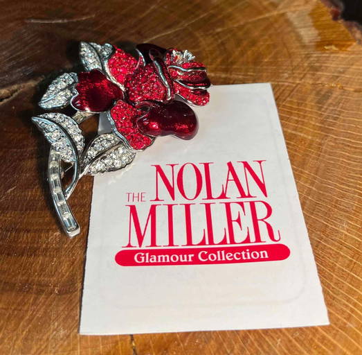 Nolan Miller First Lady Red & Clear Crystal Enamel Rose Brooch With Coa