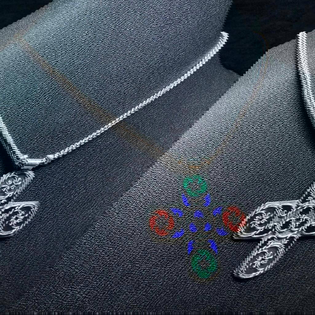 Sterling Silver Enamel Cross Pendant Necklace Auction