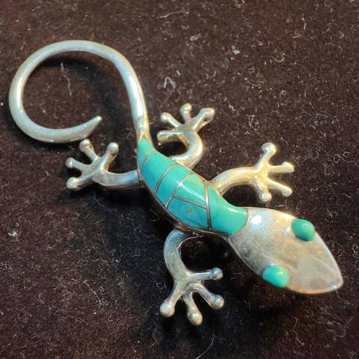 Turquoise Accent Sterling Silver Lizard Brooch Pendant