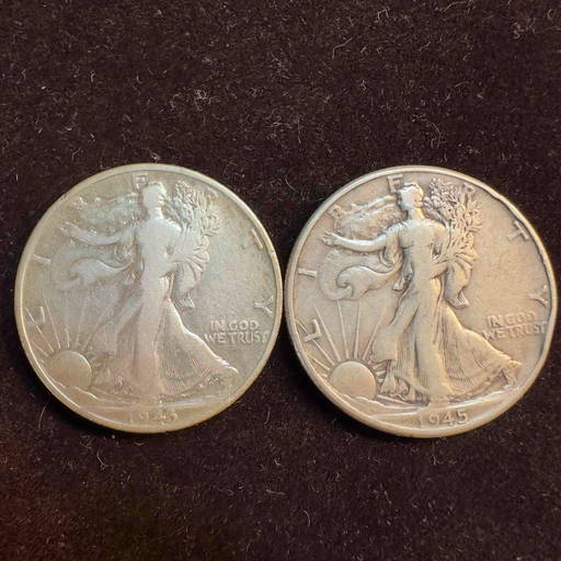 Set Of Two Silver Coins 1943 1945 Walking Liberty Half Dollars Coin ...