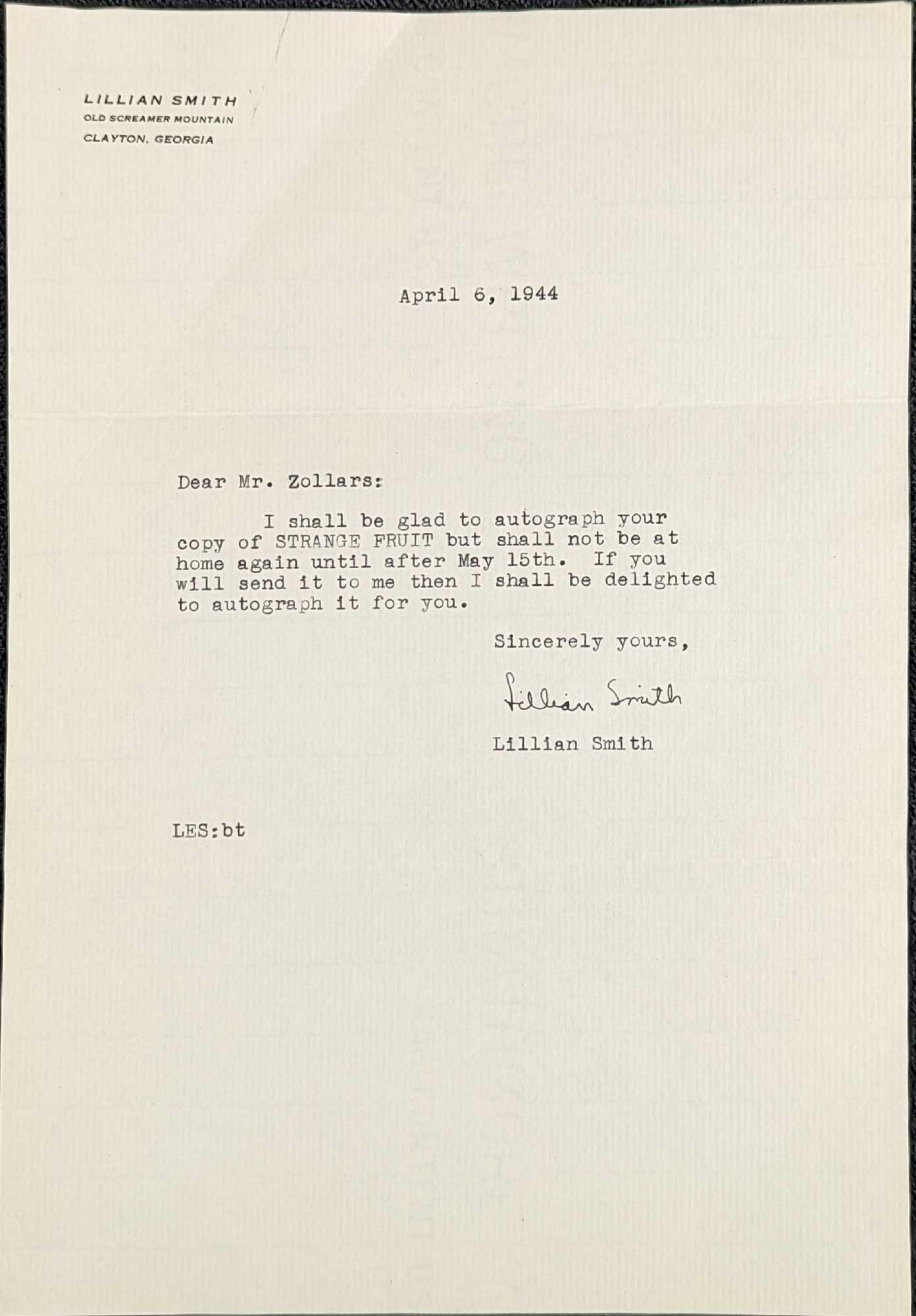 Signed Lillian Smith Writer Letter Auction