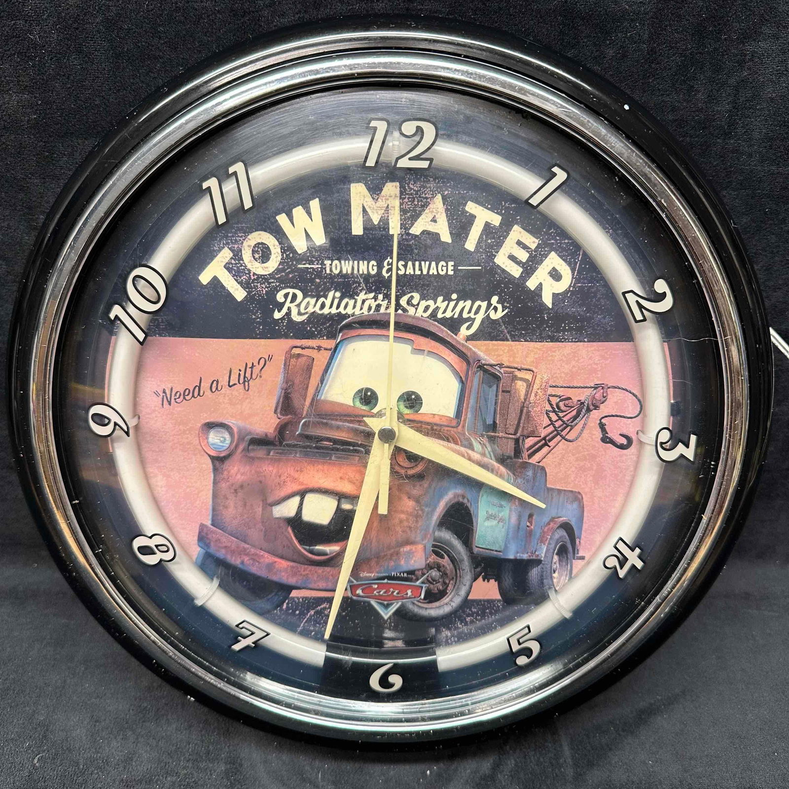Disney Pixar Cars Neon Wall Clock Tow Mater Radiator Springs Light-up ...