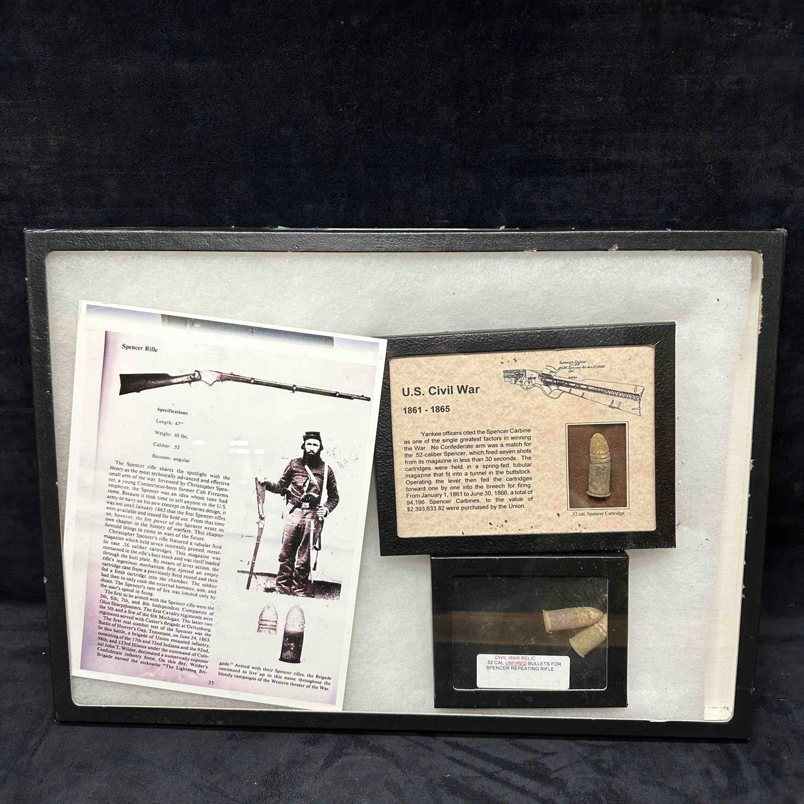 U.s. Civil War Relic Spencer Rifle .52 Cal Bullet Cartridge Display Auction
