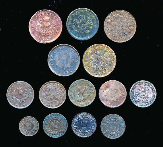 CANADA TOKENS NS 1815-1856. A Lot of 14 Nova Scotia Pieces Good-Fine+ ...
