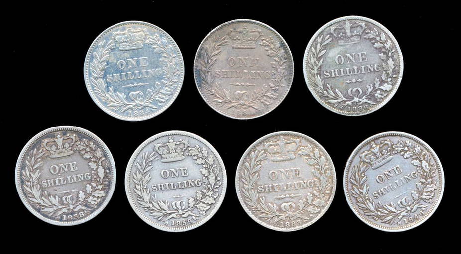 Great Britain Shilling 1838 1886. A Lot Of 7 Victorian Coins Very Good ...