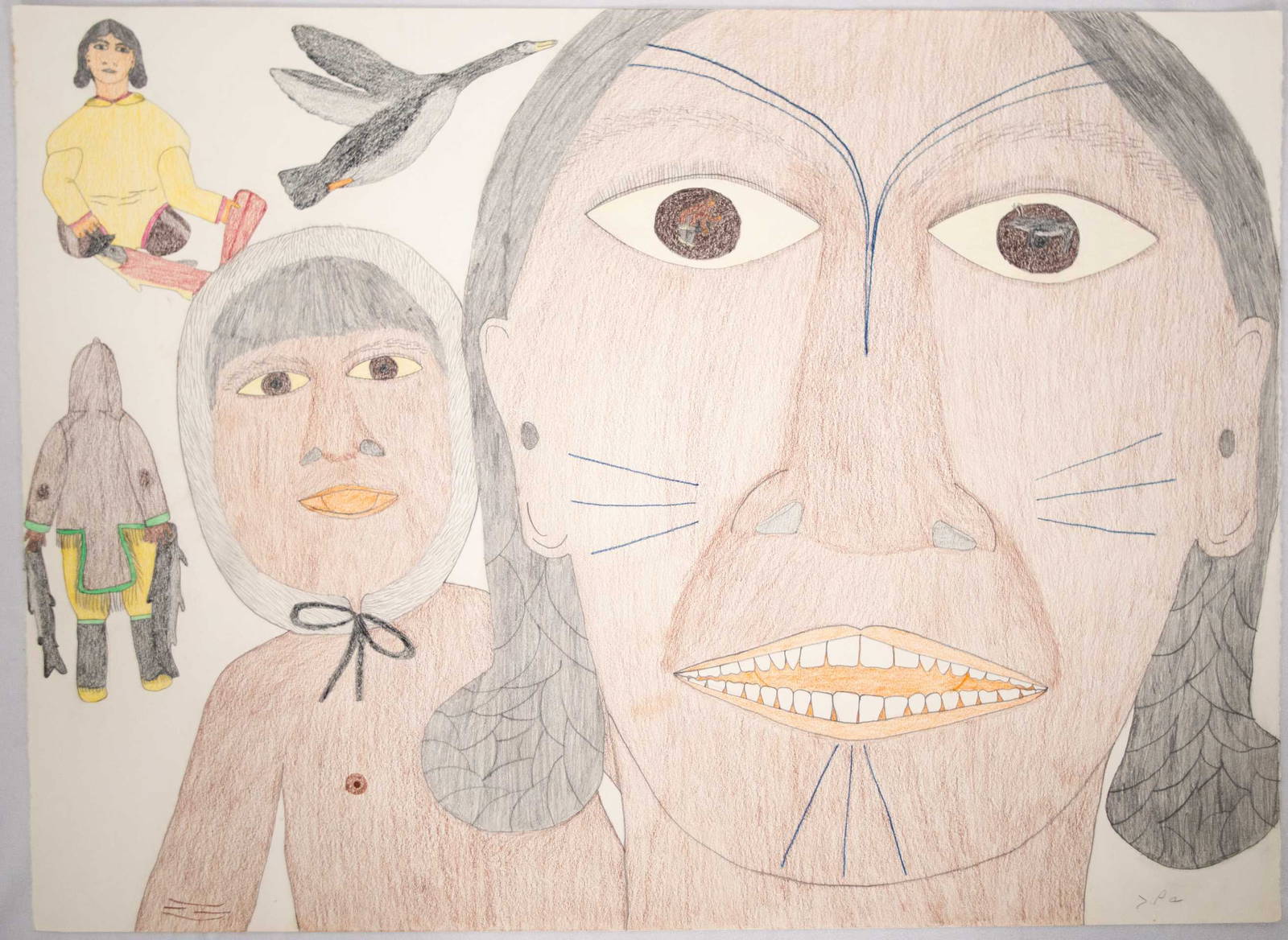 Inuit Wood Pencil Drawing - Pukingrnak, Nancy - A Day On The Land Auction