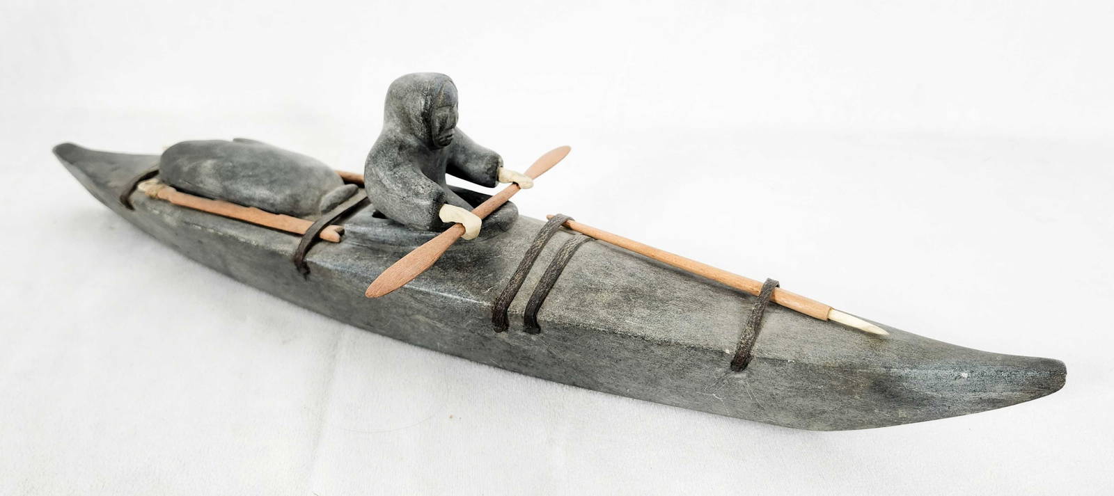 Inuit Soapstone Carving - Hunter In Kayak - 1950-60's Auction