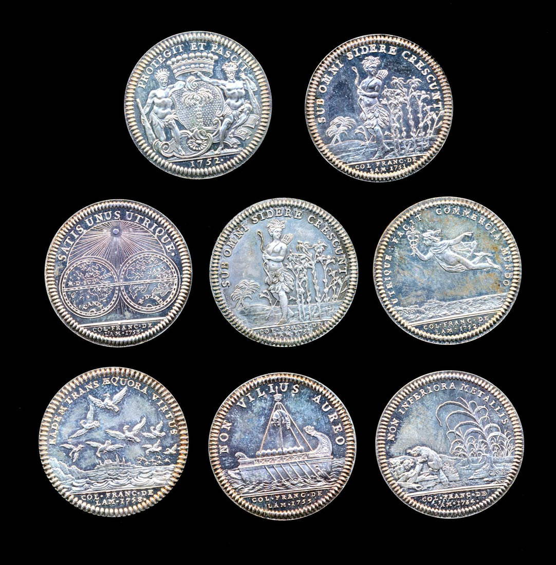France 1751-1758 A Set Of 8 French Colonial Tokens Uncirculated Auction