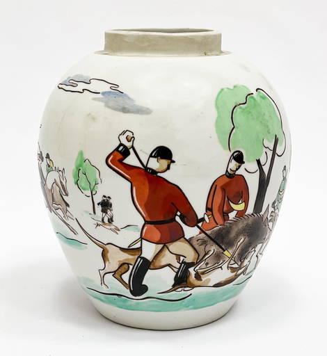 Glazed Porcelain Hunting Scene Jar