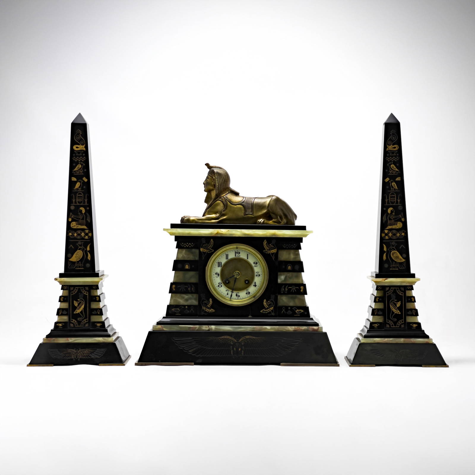 Egyptian Revival Marble Clock & Obelisks Set Auction