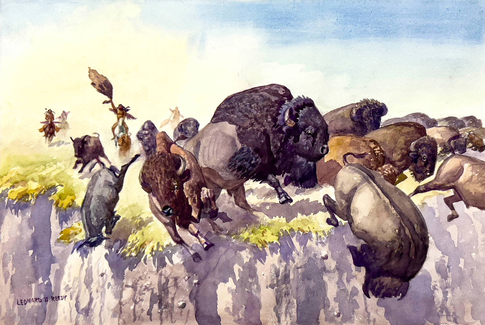 Leonard Howard Reedy - Indians Running Buffalo Over Cliff Auction