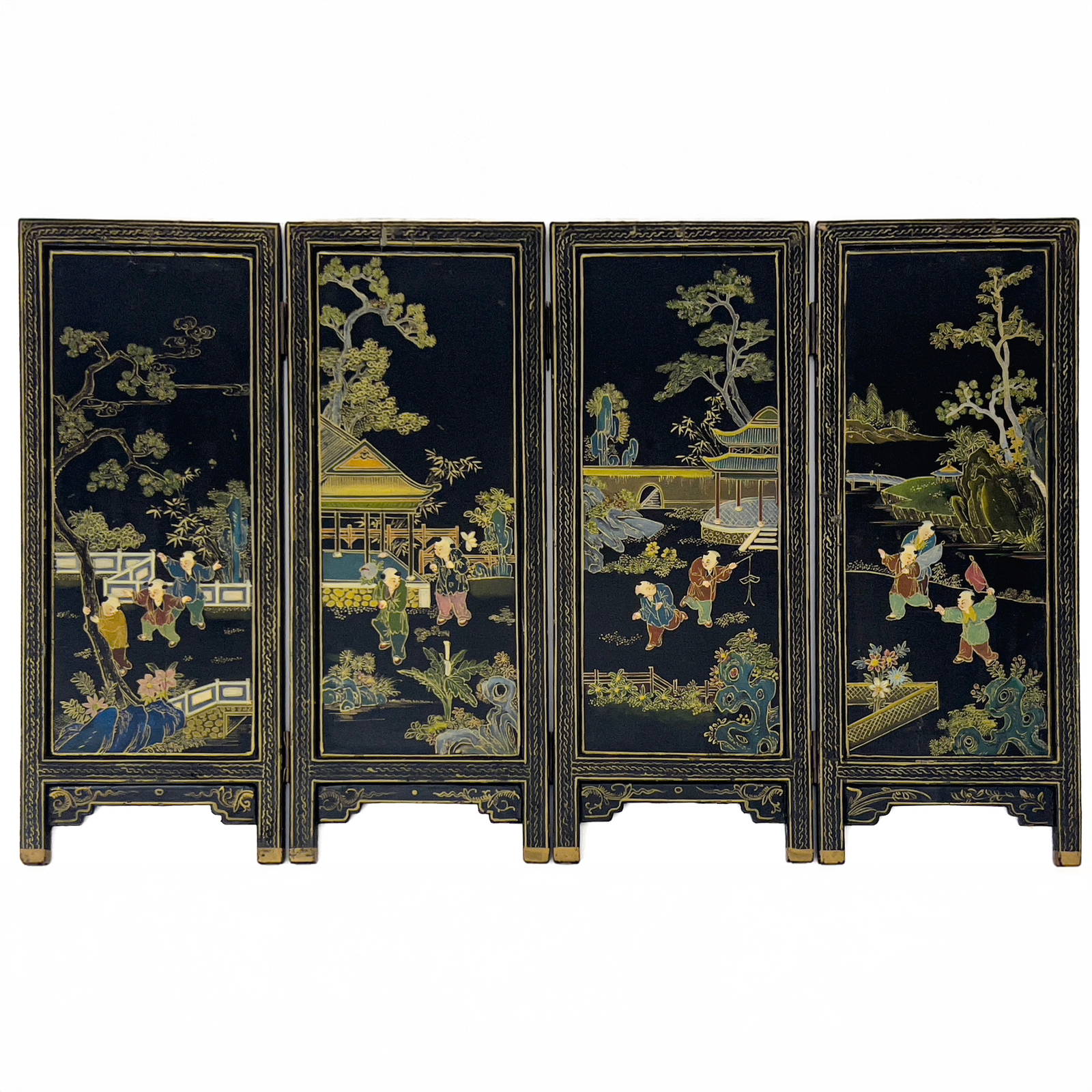 Chinese Black Lacquer Four Panel Table Screen Auction