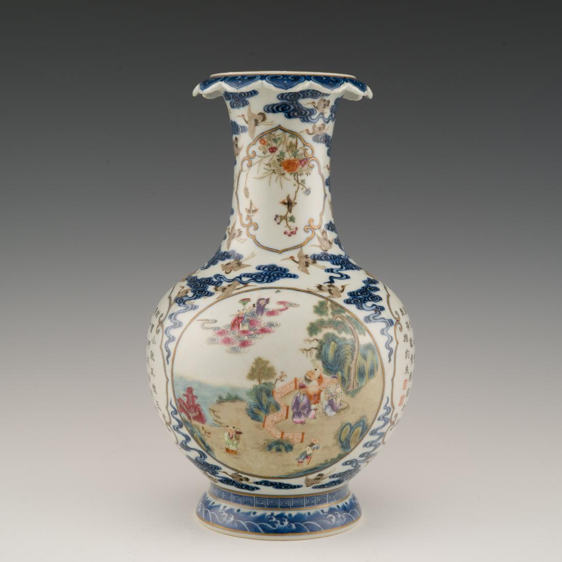 HUNDRED CRANES FAMILLE ROSE OPEN FACE VASE