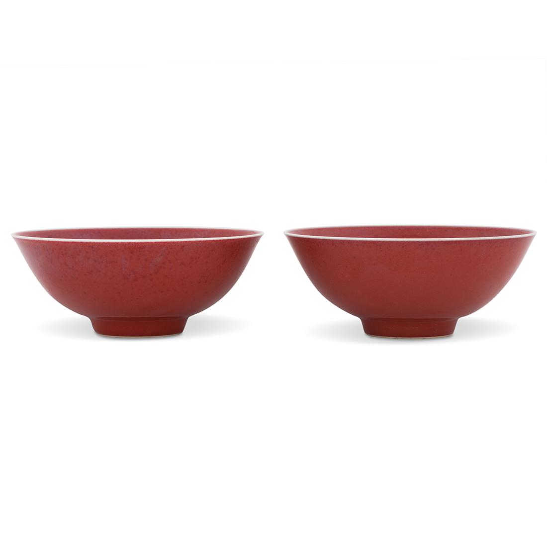 PAIR QING RUBY-RED GLAZED PORCELAIN BOWLS