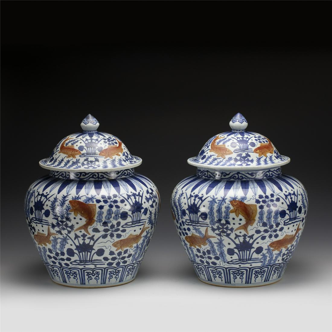 Pair Of Ming Blue & White Alum Red Fish General Helmet Jars Auction