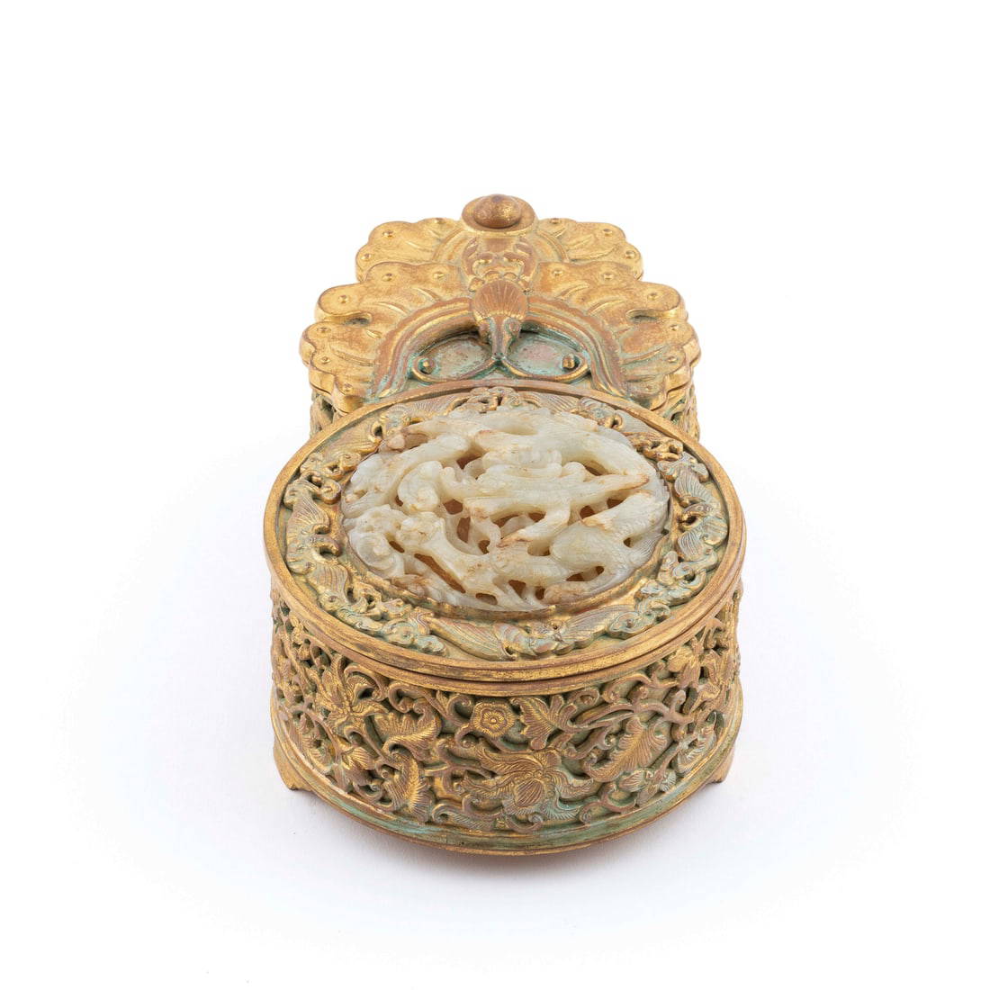 Carved White Jade Inlaid Gilt Bronze Lidded Box Auction