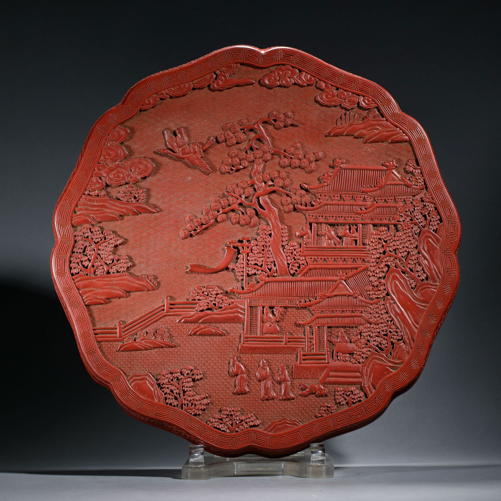 Exquisitely Carved Red - Lacquer Circular Plate With Landscape Patterns ...