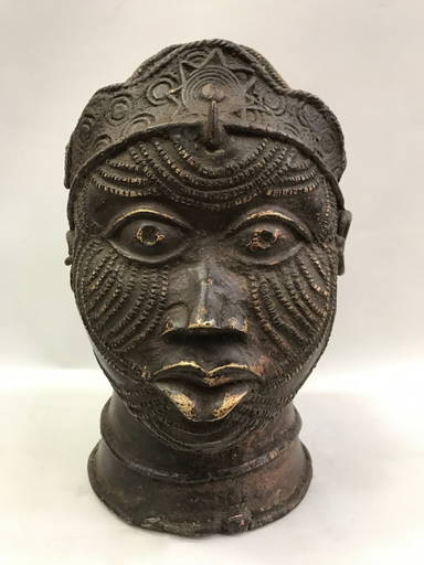 Benin Bronze Oba Head Sculpture