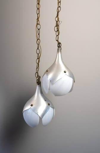 Vintage Mcm Tulip Metal And Slag Glass Lotus Pendant Lights