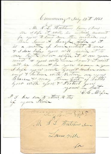 Civil War Letter To Confederate Colonel Hutchins 1861