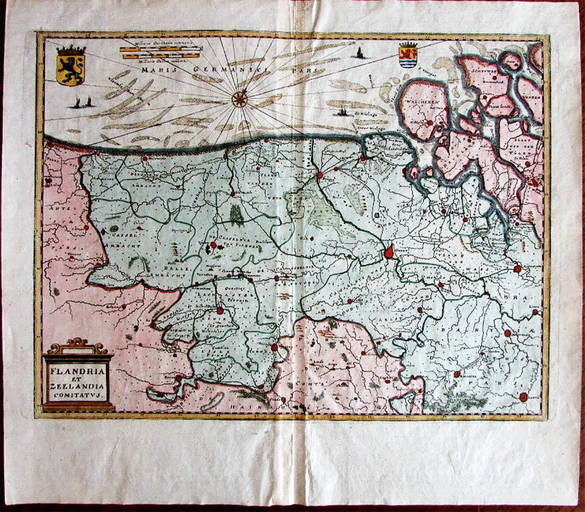 17thc. Hand Colored Map Flandria Et Zelandia Comitatus