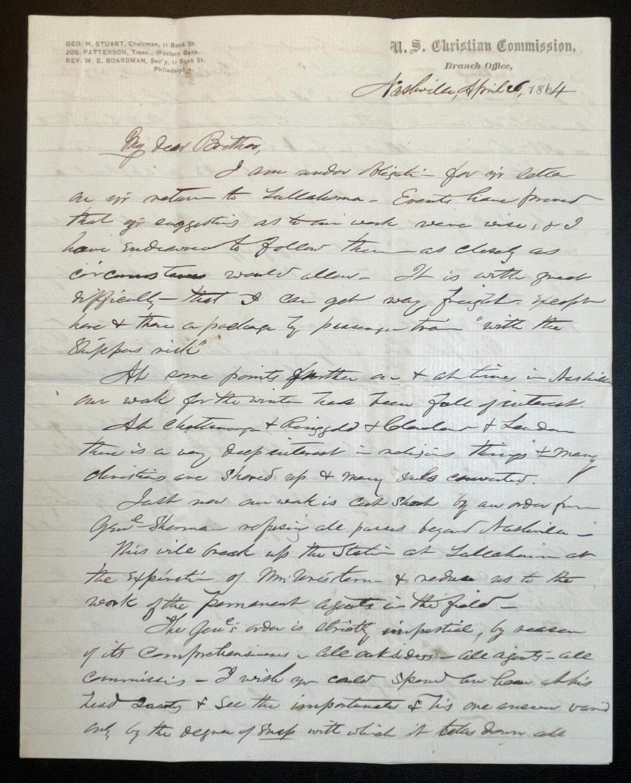 Civil War Letter Nashville, Tn, Gen. Serman: Christian