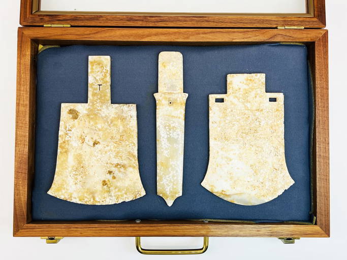 Set Of 3 Archaic Chinese White Jade Ceremonial Axe Heads & Dagger