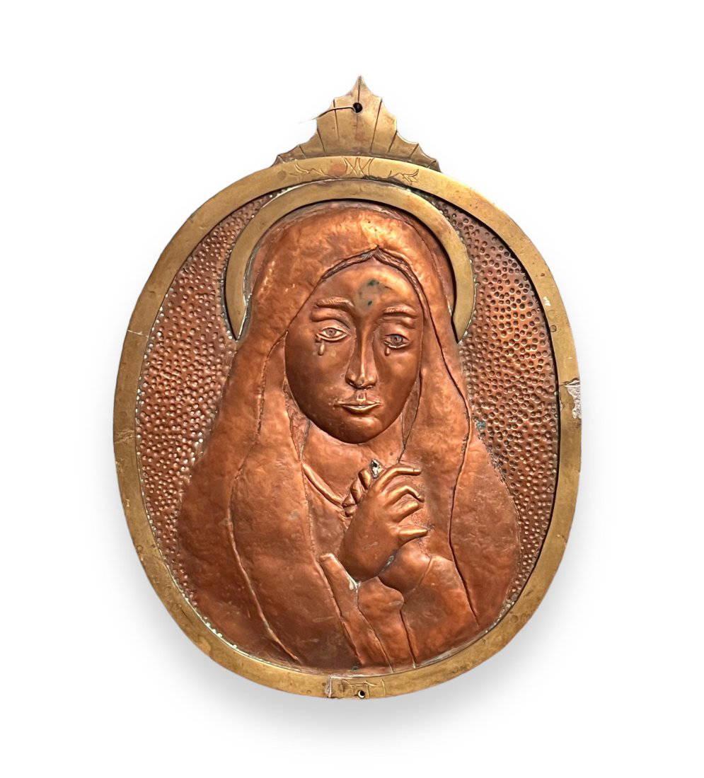 Antique Hand Hammered Copper Plaque Depicting A Weeping Mary Auction