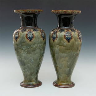 Pair Of Royal Doulton Art Nouveau Glazed Pottery Vases
