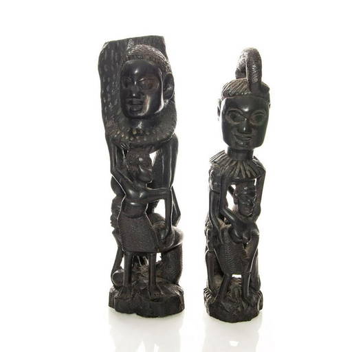 Pair Of Makonde Style Wood Carvings, Male And Female