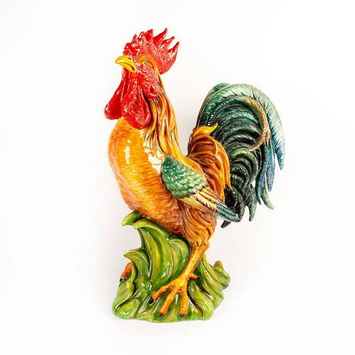 Impressive Italian Majolica Ceramic Rooster Statue