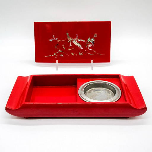 Vintage Asian Red Cigarette Box With Silver Plated Ashtray
