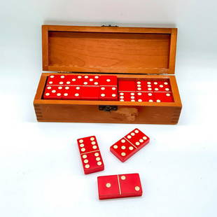 Vintage Red Bakelite Dominoes In Box