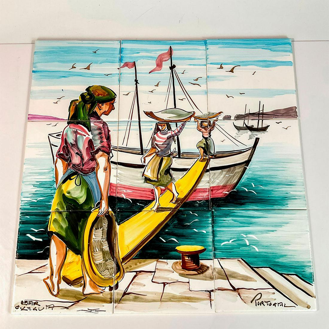 9pc Estaco Hand Painted Mural Tiles, Portugal, Signed Auction