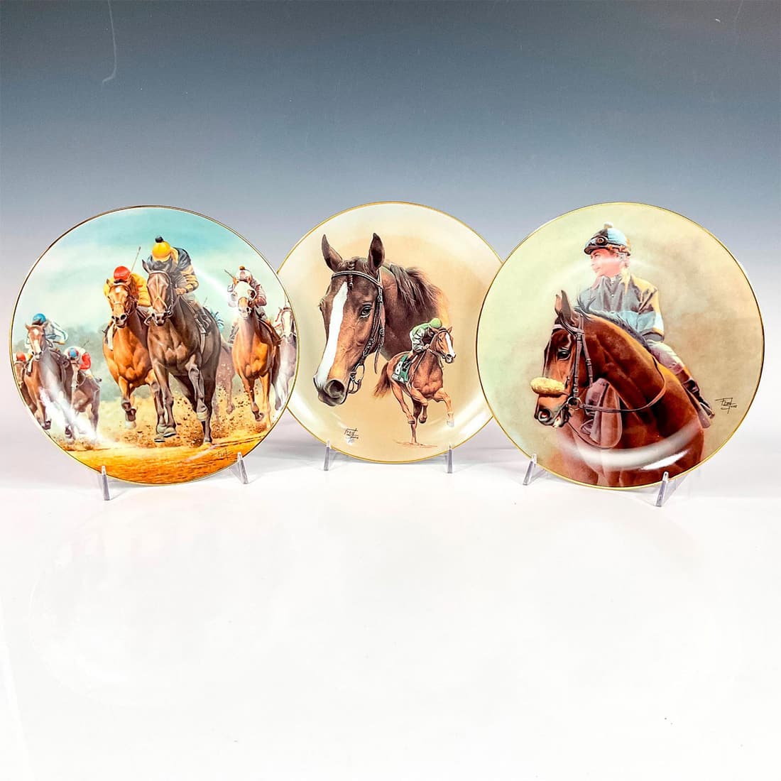 3pc Fred Stone Porcelain Plates, Jockeys And Horses Auction