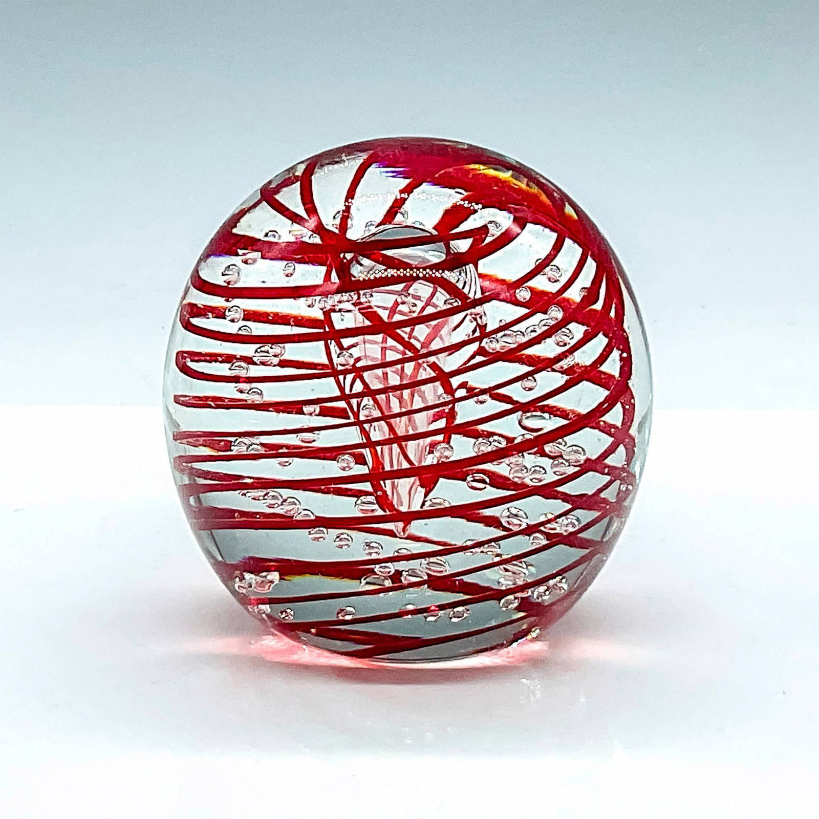 Clear Art Glass Paperweight, Red Swirls Auction