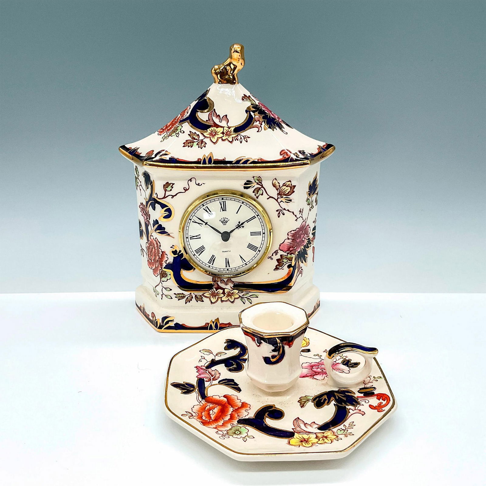 2pc Mason's Ironstone Clock And Candleholder, Mandalay Auction