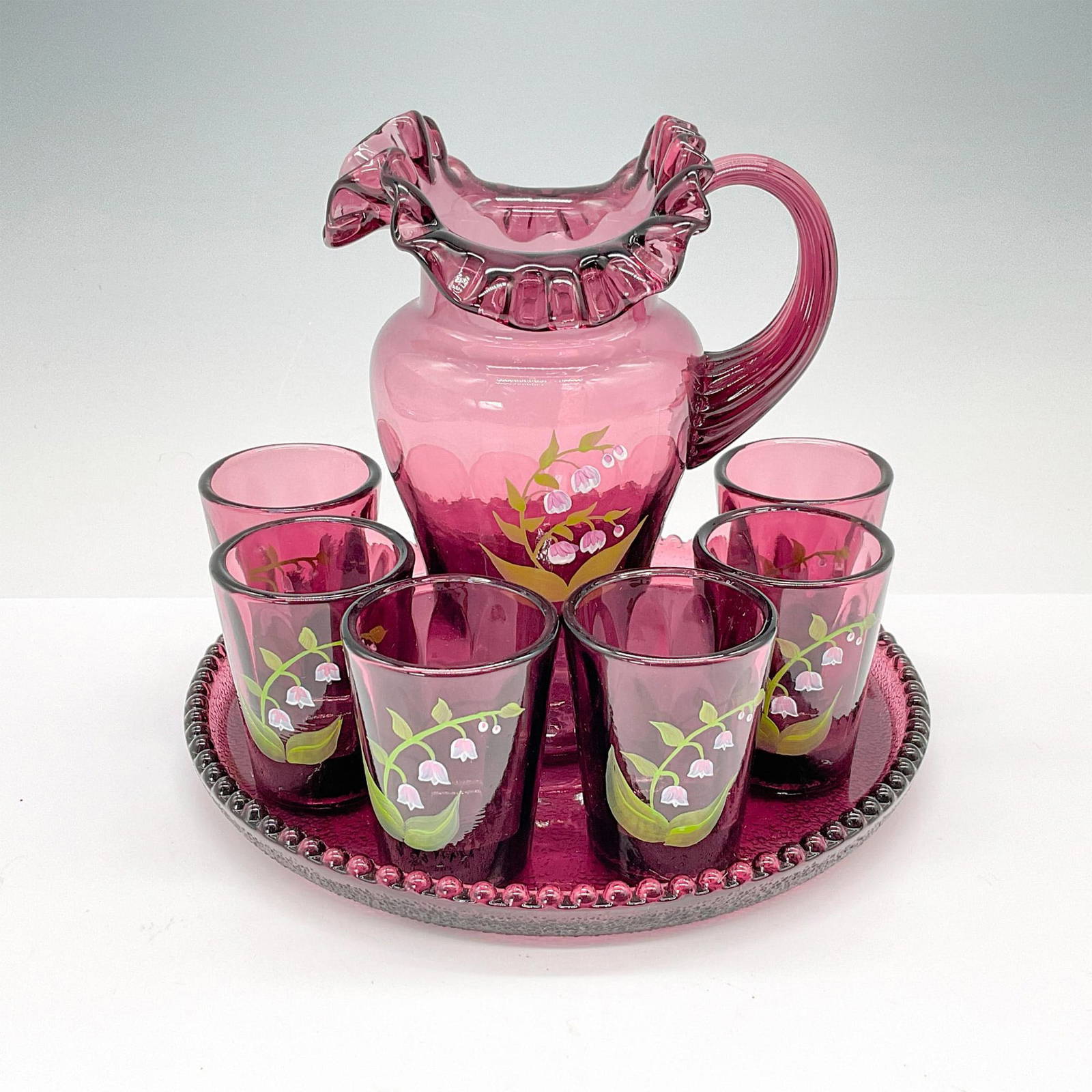 8pc Hand Painted Fenton Children's Glass & Pitcher Set Auction