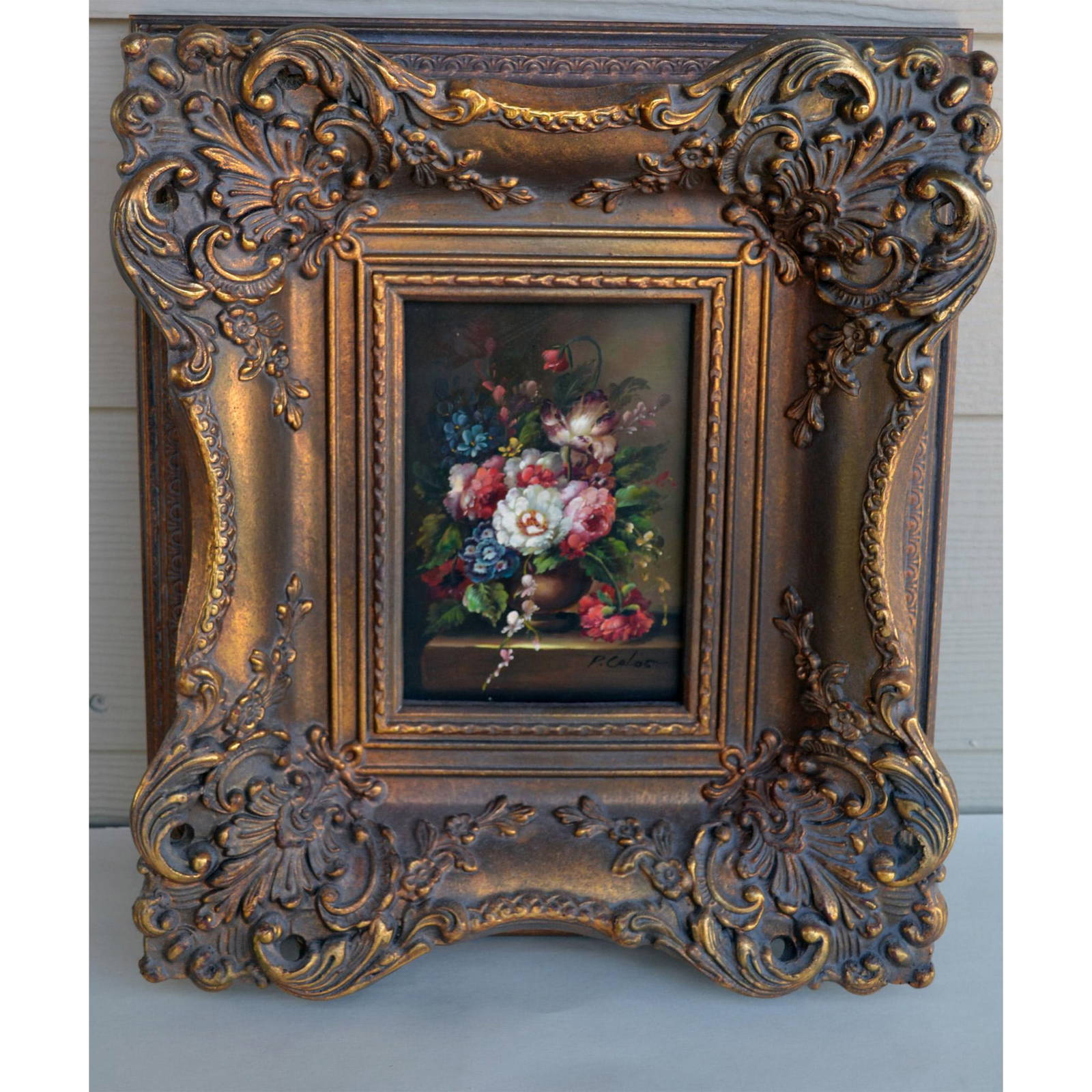 P.calos Original Oil Floral Painting, Gold Ornate Frame Auction