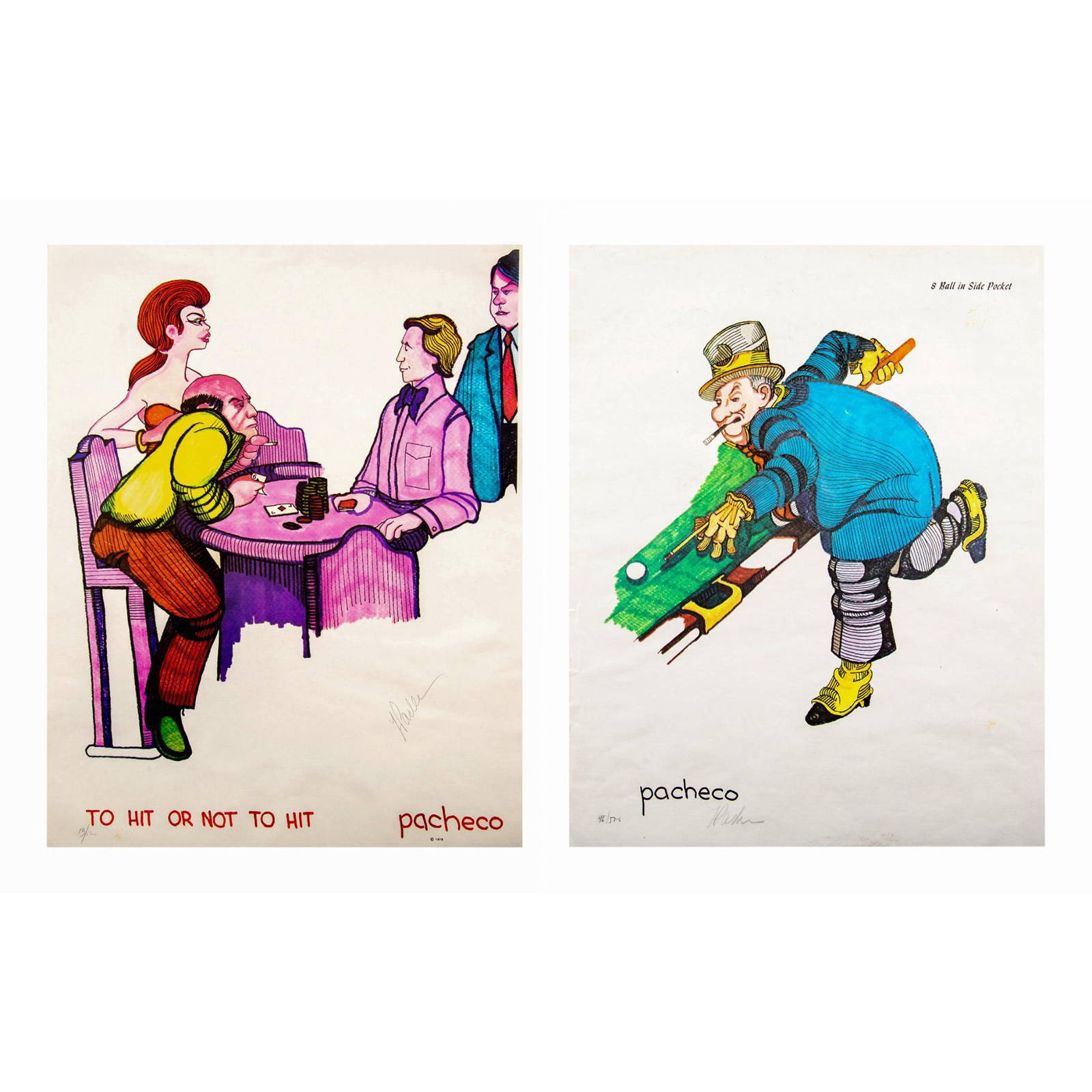 Pacheco, Two Original Lithographs On Paper, Gaming, Signed Auction
