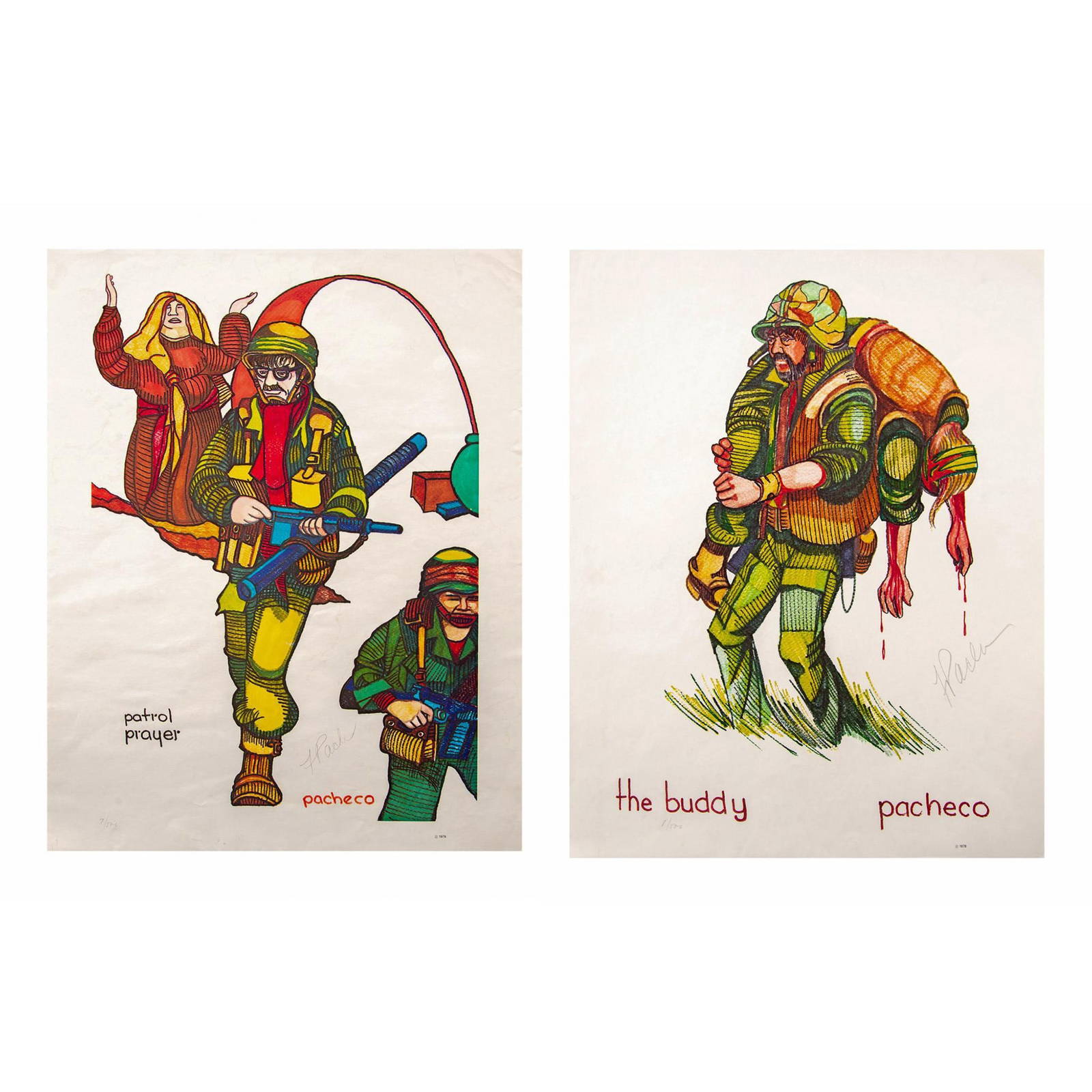Pacheco, Two Original Lithographs On Paper, War, Signed Auction