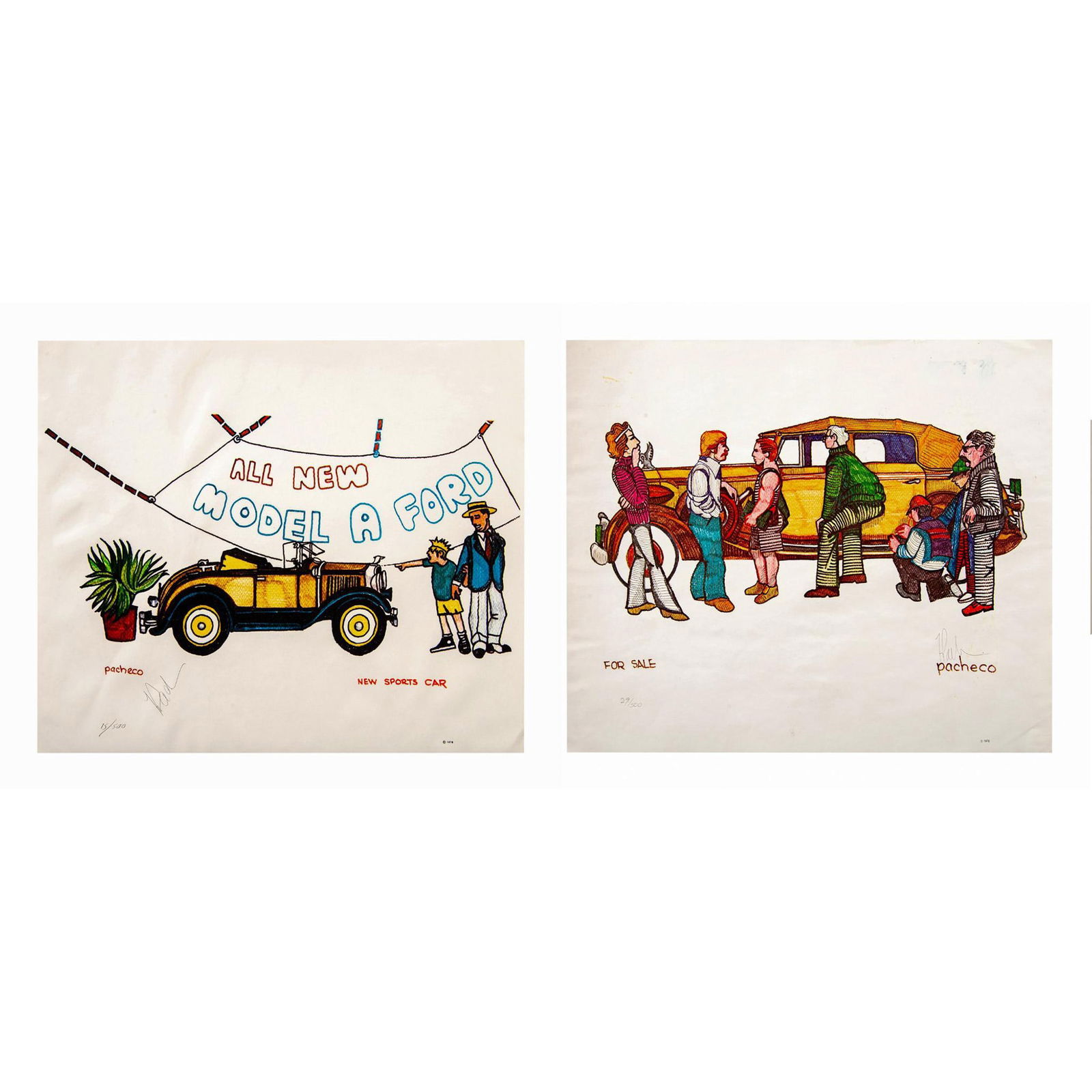 Pacheco, Two Original Lithographs On Paper, Cars, Signed Auction