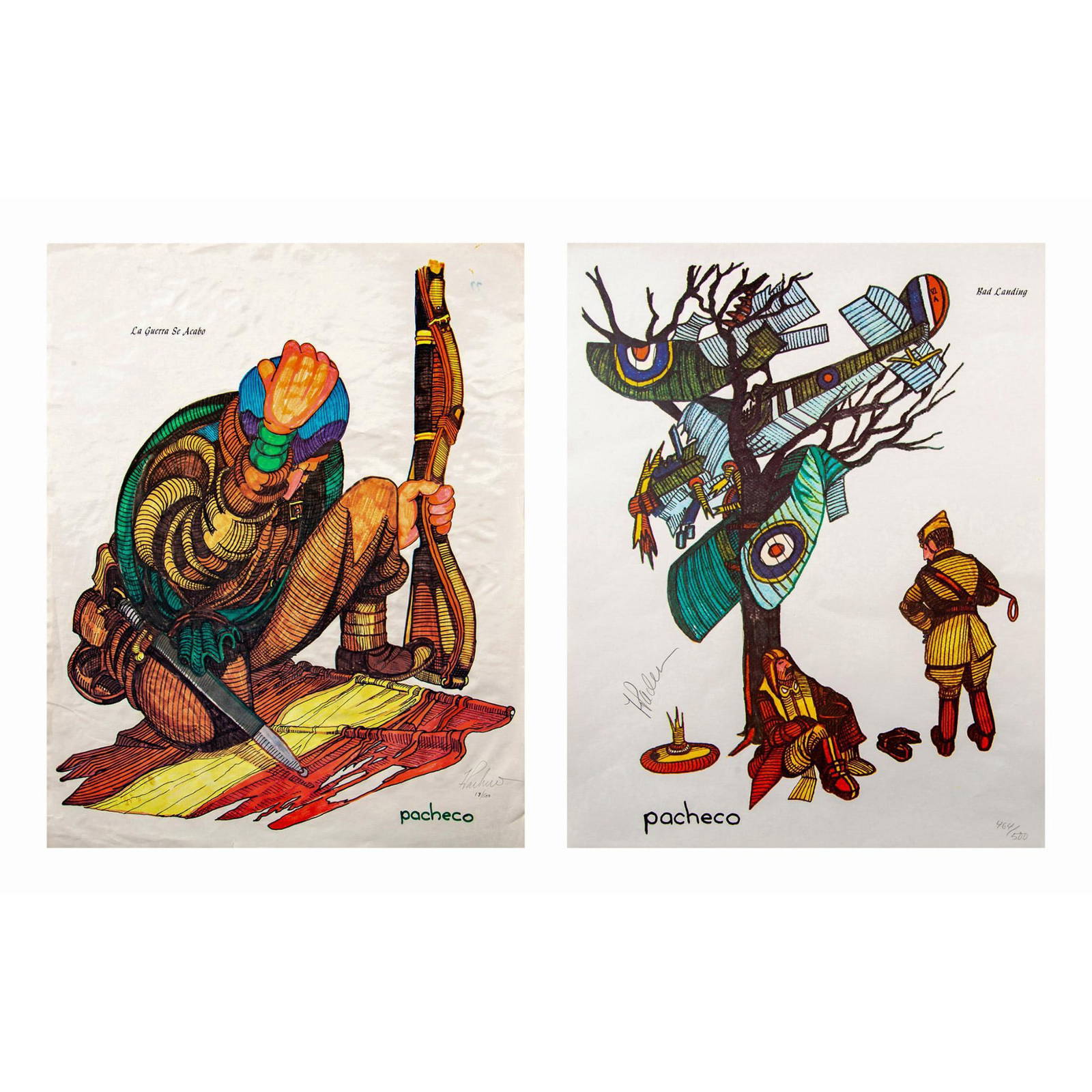 Pacheco, Two Original Lithographs On Paper, War, Signed Auction